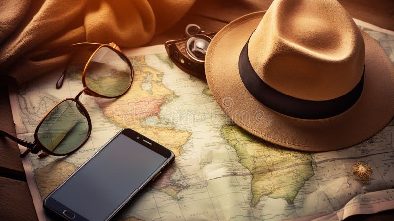 Hat Sunglasses Map and Mobile Phone on Old Map. Stock Image - Image of ...