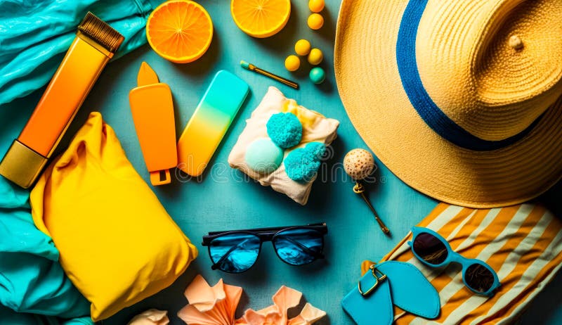 Hat, Sunglasses, and Other Items Laid Out on Blue Surface. Generative ...