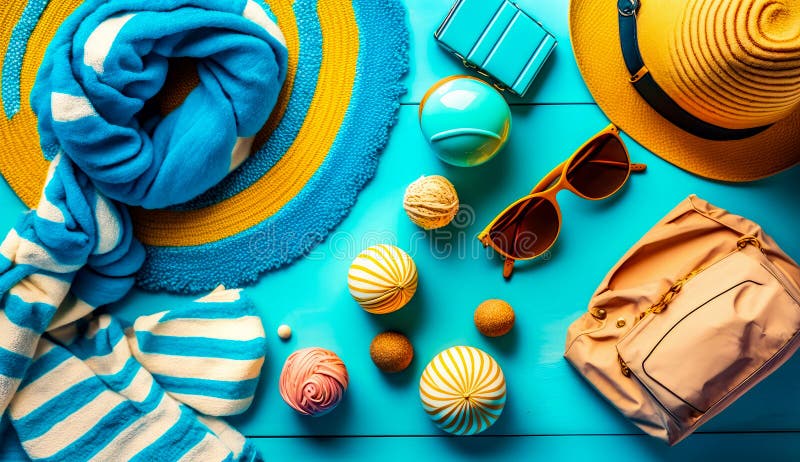 Hat, Sunglasses, Scarf, and Other Items Laid Out on Blue Surface ...