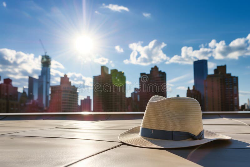 Hat on a Sunny Rooftop Terrace with Urban Skyline Around Stock Image ...