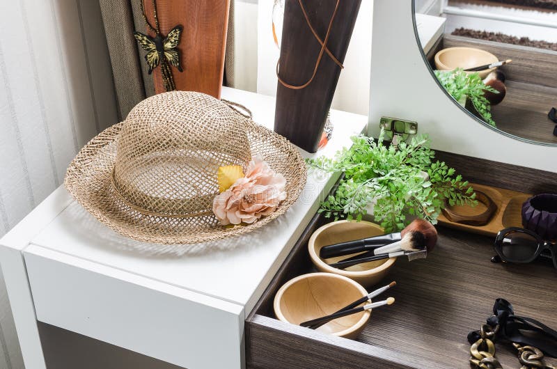 Hat on White Table with Accessories Stock Photo - Image of tray, mirror ...