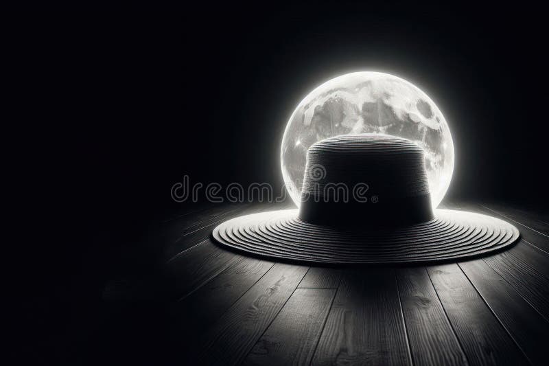 A Hat on a Wooden Floor with a Full Moon in the Background. Stock Image ...