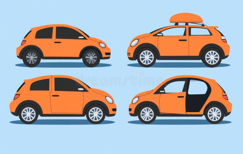 The Hatchback Car is Depicted in a Four-angle Set, Including Car Side ...