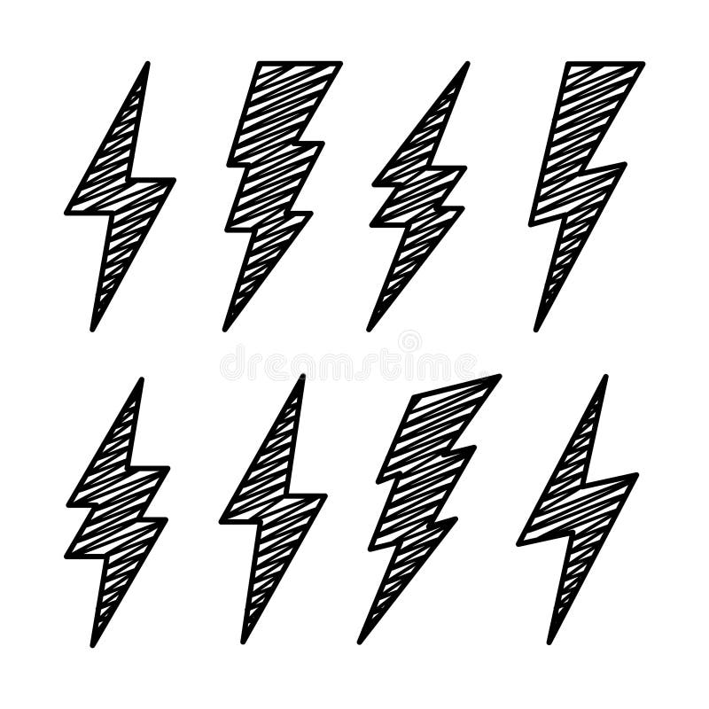 Hatched Lightning Bolt Icons Collection. Hand Drawn Flash Symbol ...