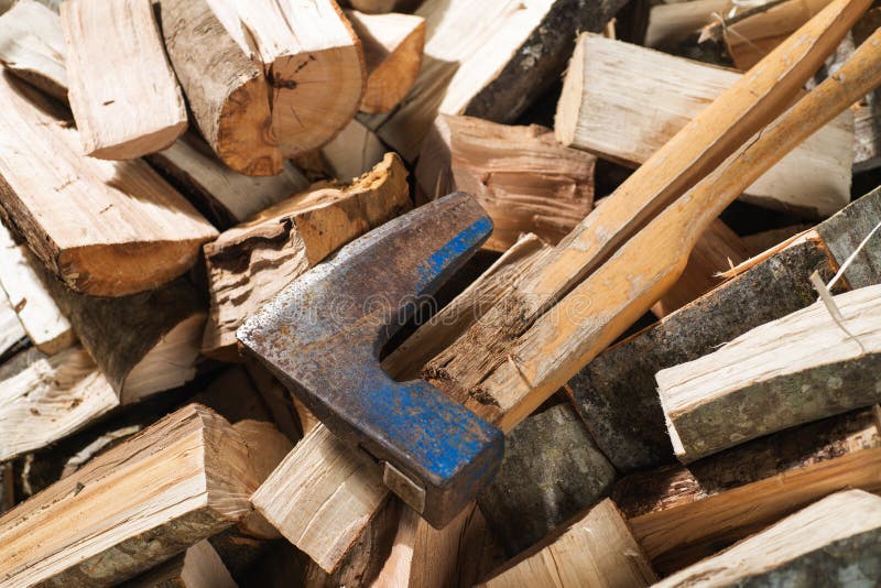 Hatchet Ax and Pile of Split Wood Logs for Fire Stock Image - Image of ...