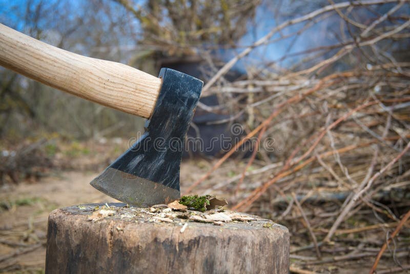 Chopper or Axe Standing Upright in a Tree Stump Stock Image - Image of ...