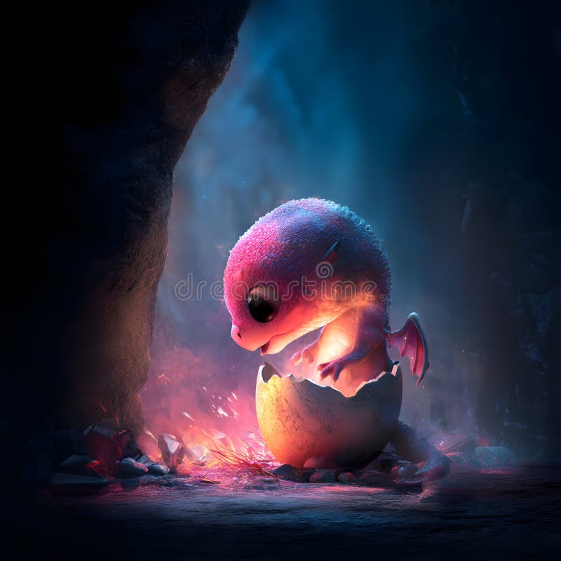 Hatching Wonder: Adorable Baby Dragon Emerging from a Fiery Egg Stock ...