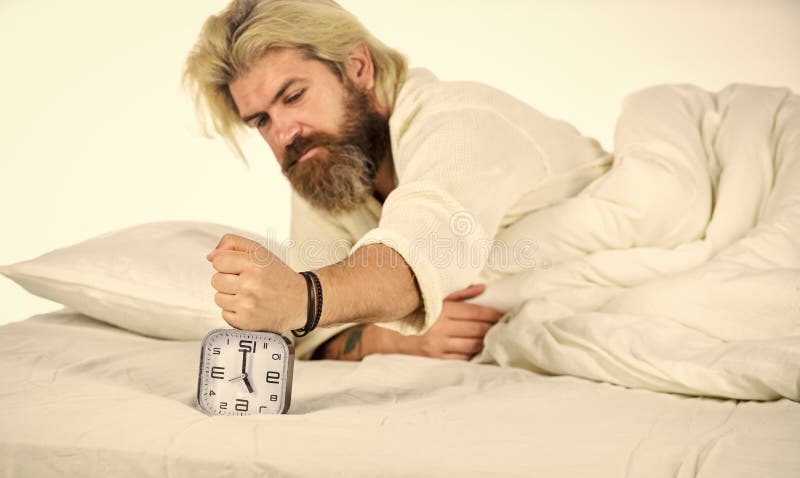 Hate Early Morning Awakening Sleepy Guy And Alarm Clock In Bed