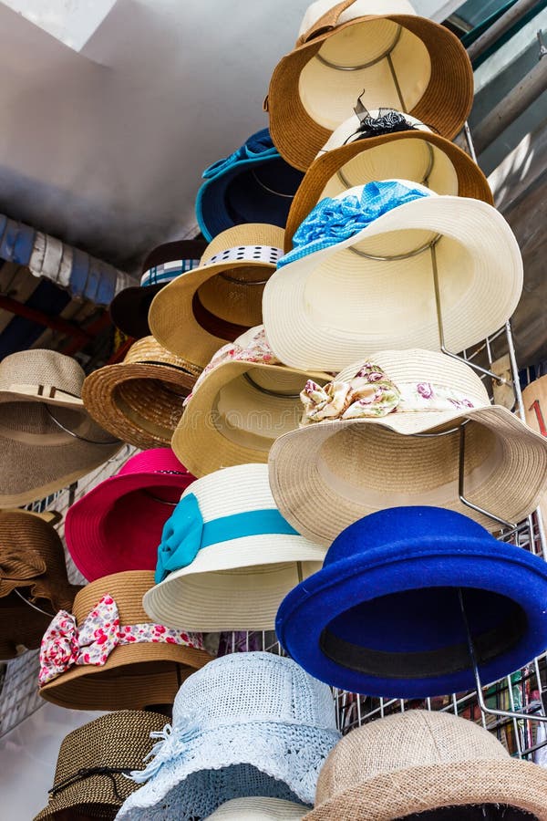 Fashion Hats Showcase On Open Market Shop Stock Photo - Image of ...