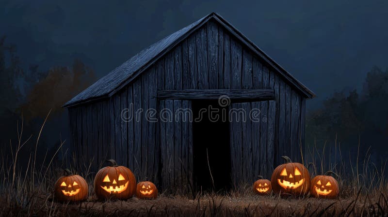 Haunted Barn with Glowing Pumpkins in a Spooky Night Setting Stock ...