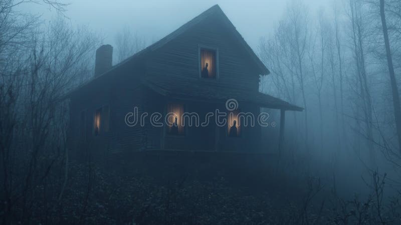 A Haunted Cabin in a Foggy Forest Stock Illustration - Illustration of ...