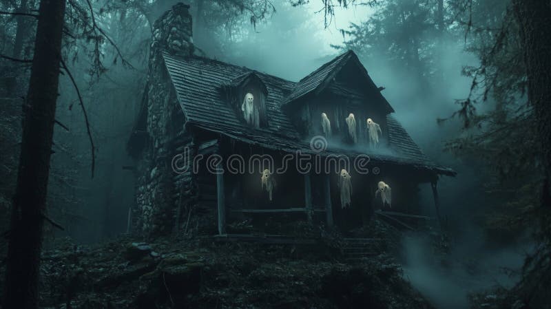 A Haunted Cabin in a Foggy Forest with Ghosts in the Windows Stock ...