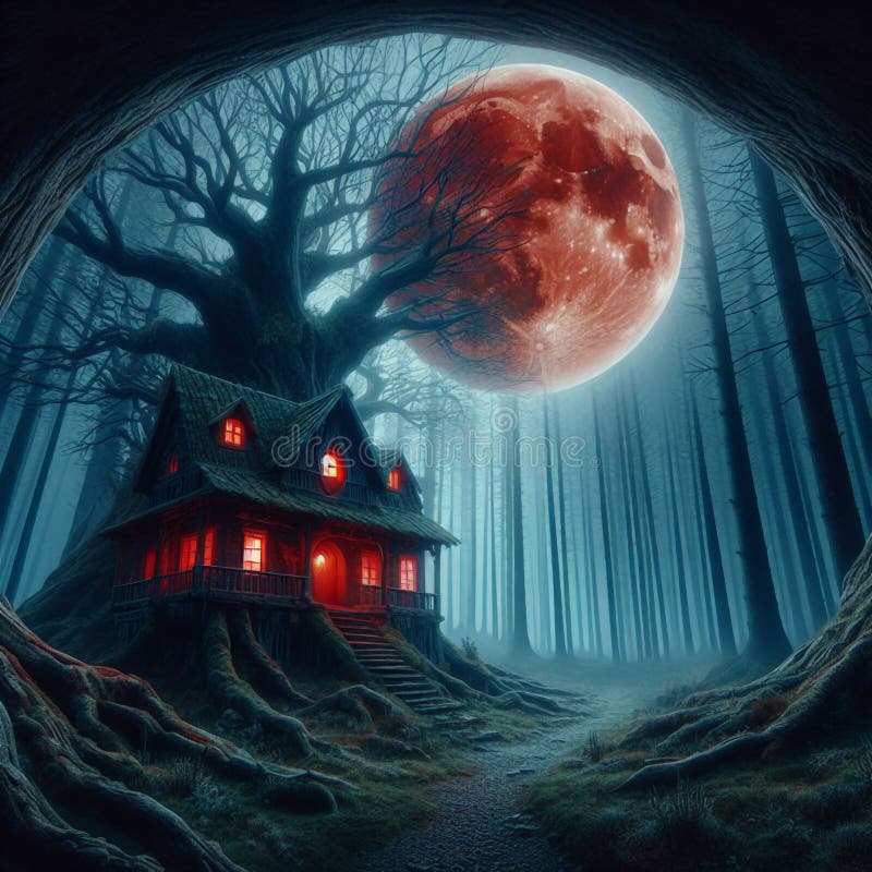 A Haunted Cabin in a Forest with a Red Moon Stock Vector - Illustration ...