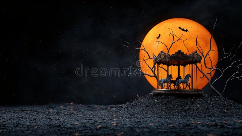 Haunted Carousel Under a Full Moon with Bats and Eerie Atmosphere Stock ...