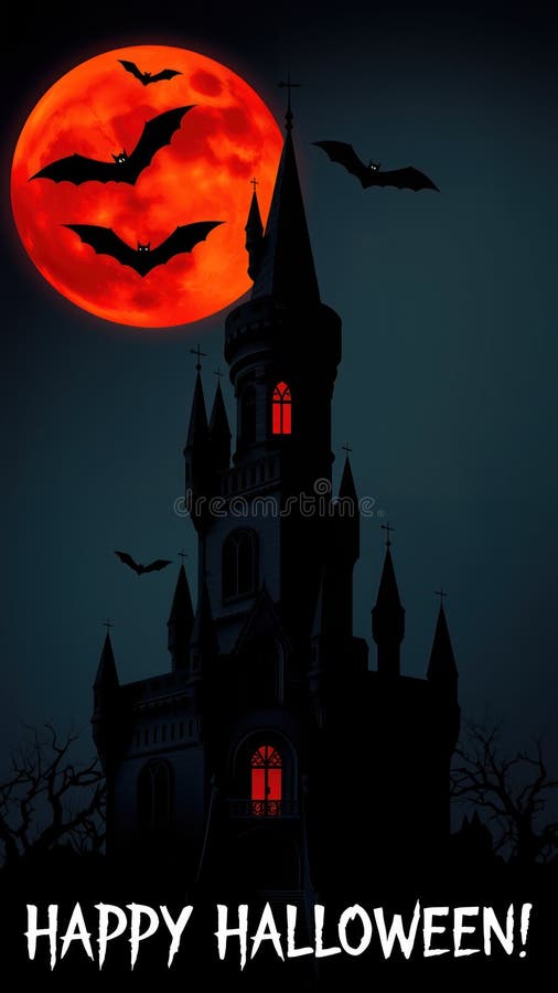 Haunted Castle with Bats and Red Moon, Text & X27;Happy Halloween& X27 ...