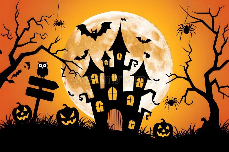 Haunted Castle and Bright Moon Framed by Bats and Spiders Create Spooky ...