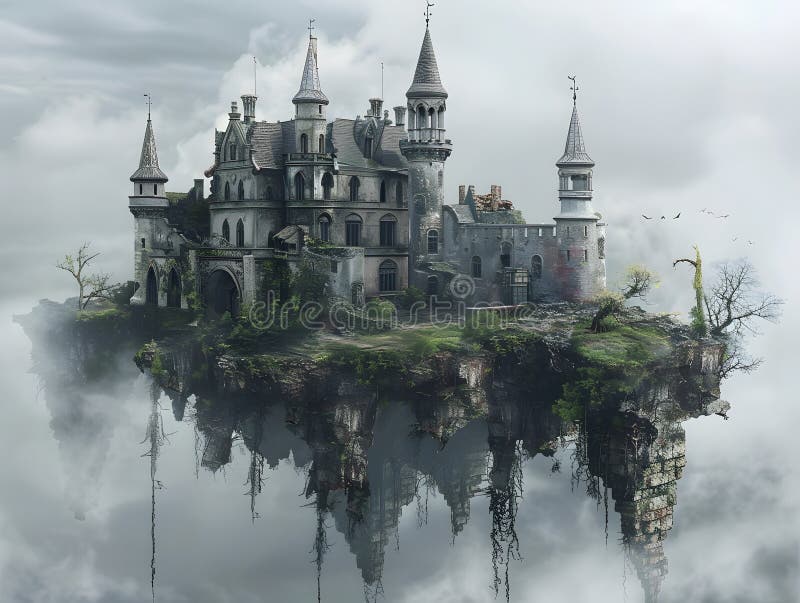 Haunted Castle on Floating Island Stock Illustration - Illustration of ...