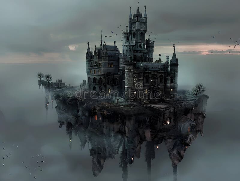 Haunted Castle on Floating Island Stock Illustration - Illustration of ...