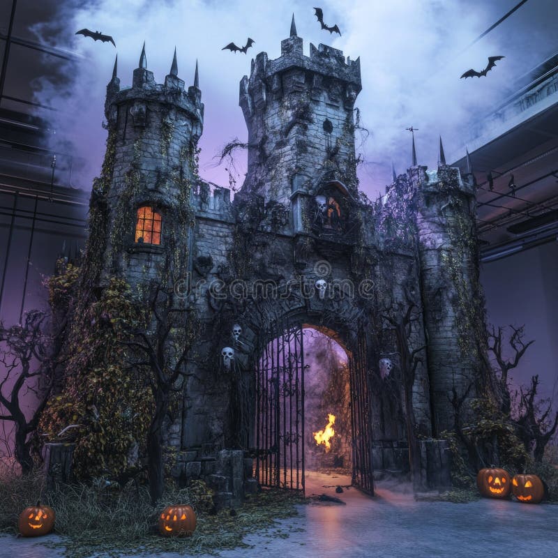 Haunted Castle with Gothic Architecture and Halloween Decorations at ...
