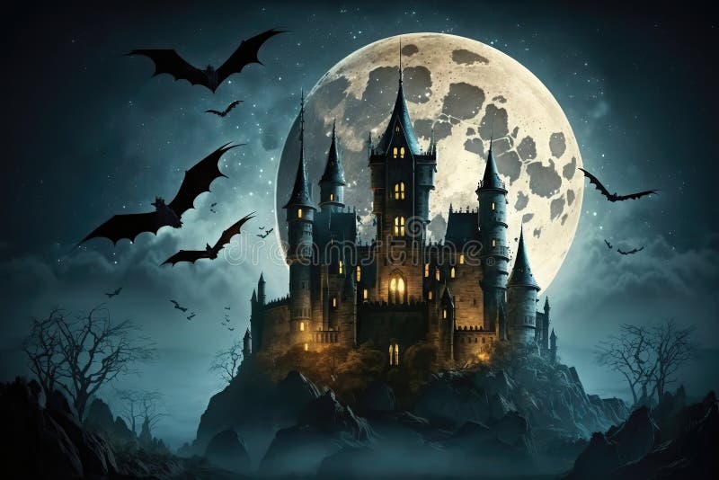 Haunted Castle at Night with Full Moon, Illustration Generated by AI ...