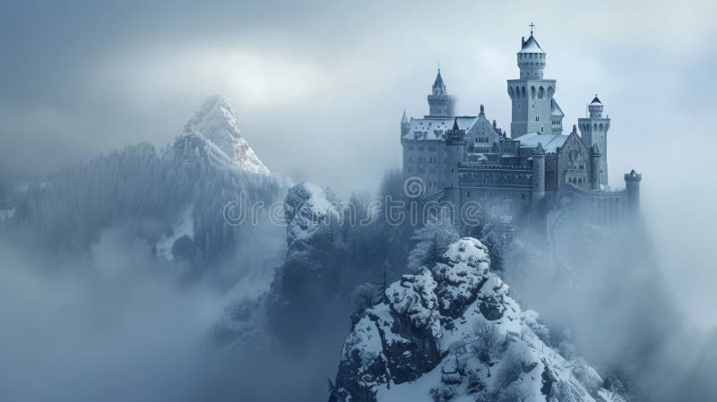 Haunted Castle on the Peak of a Snow Covered Mountain Stock ...
