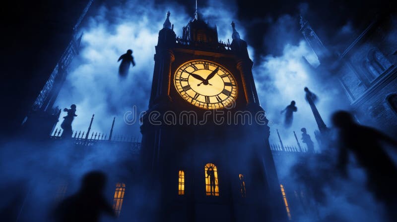 A Haunted Clock Tower with Ethereal Figures Stock Illustration ...