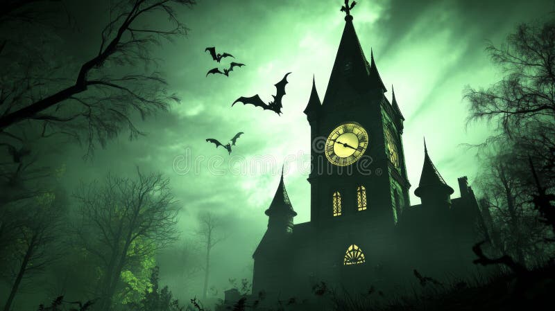 Haunted Clock Tower in a Foggy Forest Stock Illustration - Illustration ...