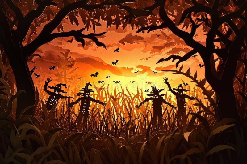 A Haunted Cornfield with Scarecrows and Eerie Lighting, Creating a ...