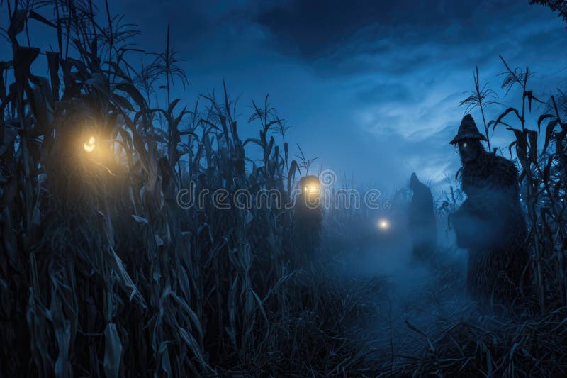 A Haunted Cornfield with Scarecrows and Eerie Lighting, Creating a ...
