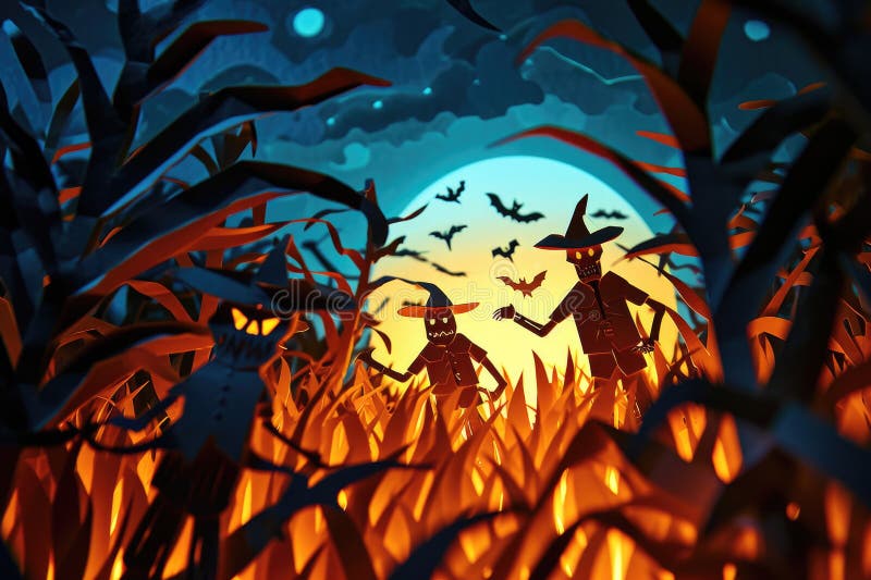 A Haunted Cornfield with Scarecrows and Eerie Lighting, Creating a ...