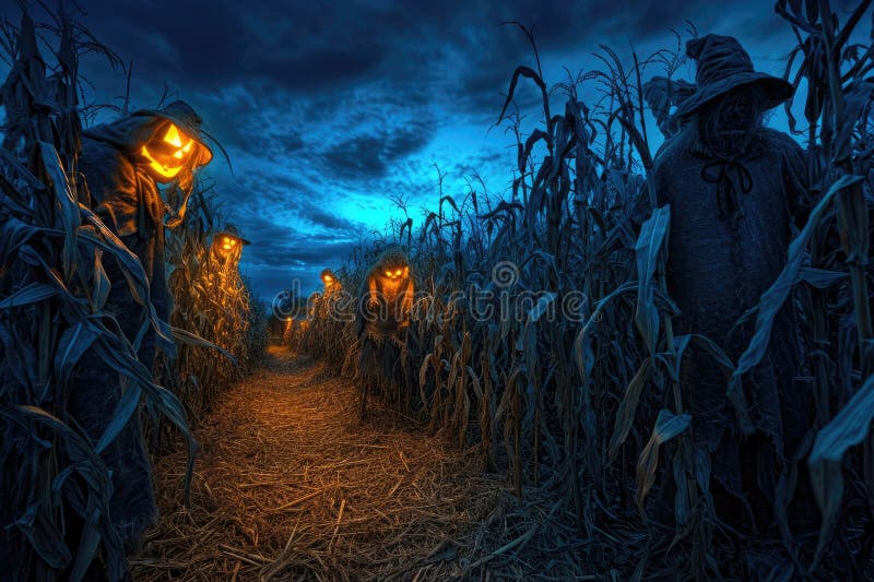 A Haunted Cornfield with Scarecrows and Eerie Lighting, Creating a ...