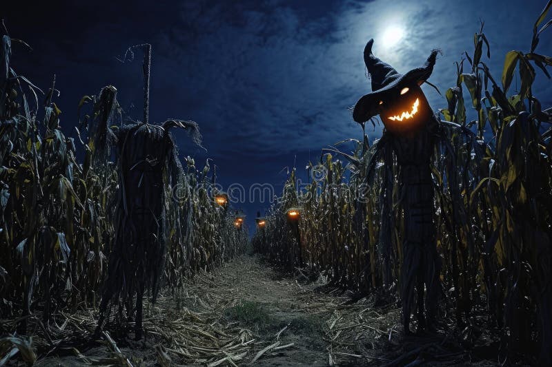A Haunted Cornfield with Scarecrows and Eerie Lighting, Creating a ...
