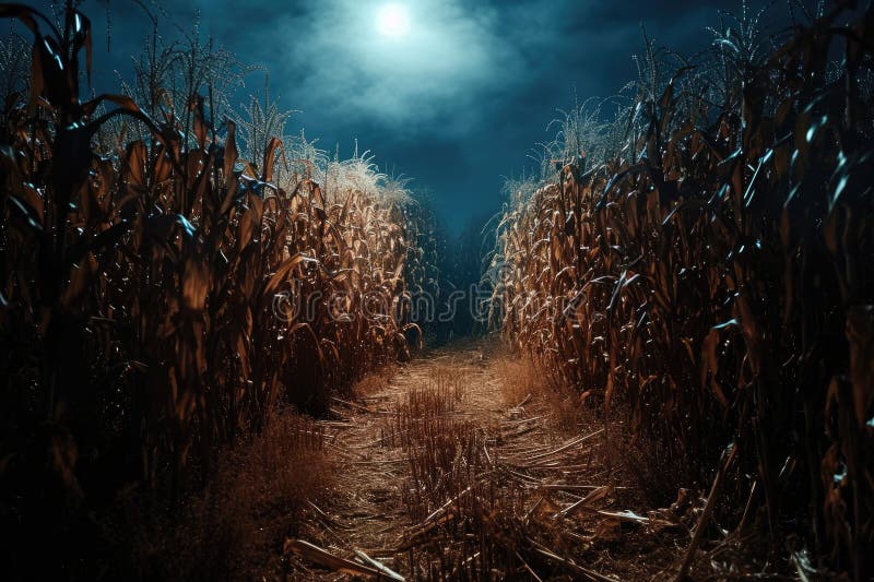 A Haunted Cornfield with Scarecrows and Eerie Lighting, Creating a ...