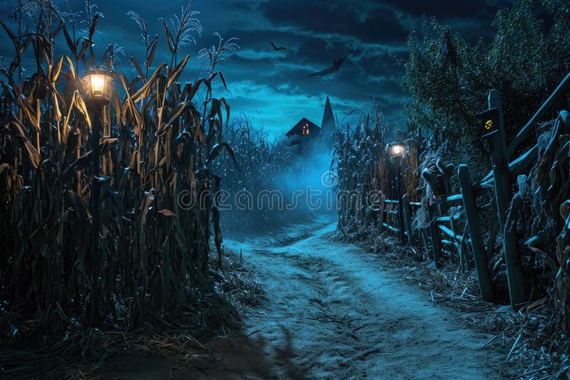 A Haunted Cornfield with Scarecrows and Eerie Lighting, Creating a ...