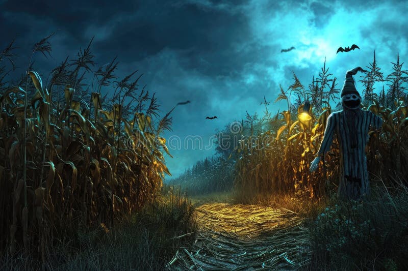 A Haunted Cornfield with Scarecrows and Eerie Lighting, Creating a ...
