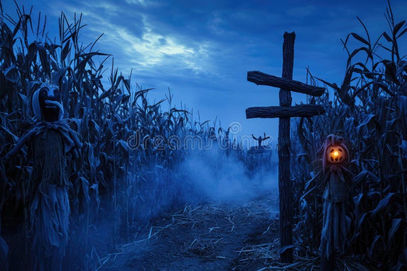 A Haunted Cornfield with Scarecrows and Eerie Lighting, Creating a ...