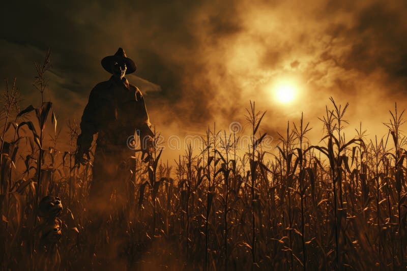 A Haunted Cornfield with Scarecrows and Eerie Lighting, Creating a ...