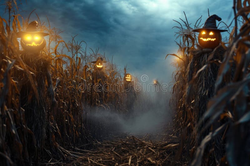 A Haunted Cornfield with Scarecrows and Eerie Lighting, Creating a ...