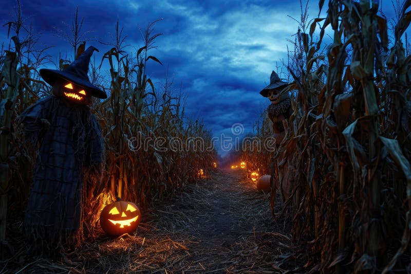A Haunted Cornfield with Scarecrows and Eerie Lighting, Creating a ...