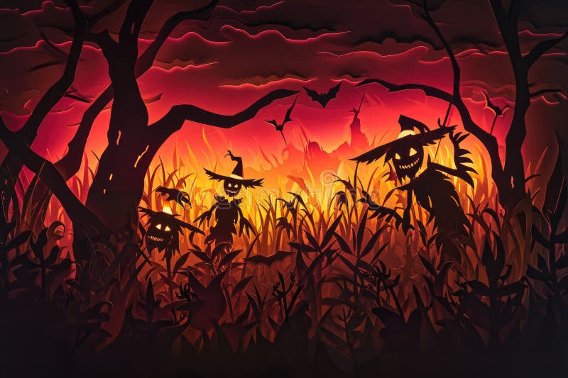 A Haunted Cornfield with Scarecrows and Eerie Lighting, Creating a ...