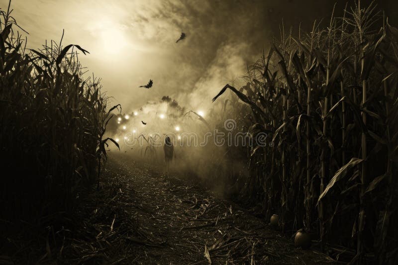 A Haunted Cornfield with Scarecrows and Eerie Lighting, Creating a ...