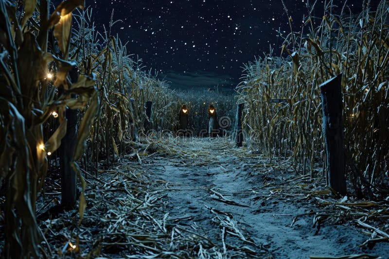 A Haunted Cornfield with Scarecrows and Eerie Lighting, Creating a ...