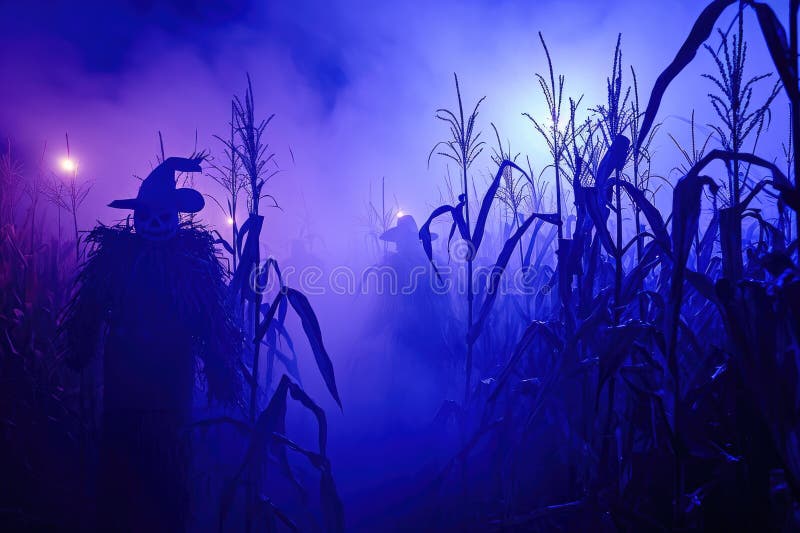 A Haunted Cornfield with Scarecrows and Eerie Lighting, Creating a ...