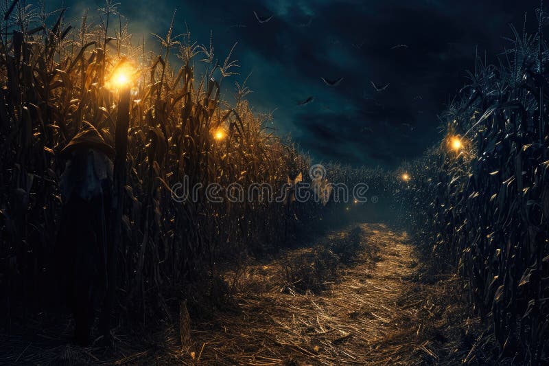 A Haunted Cornfield with Scarecrows and Eerie Lighting, Creating a ...
