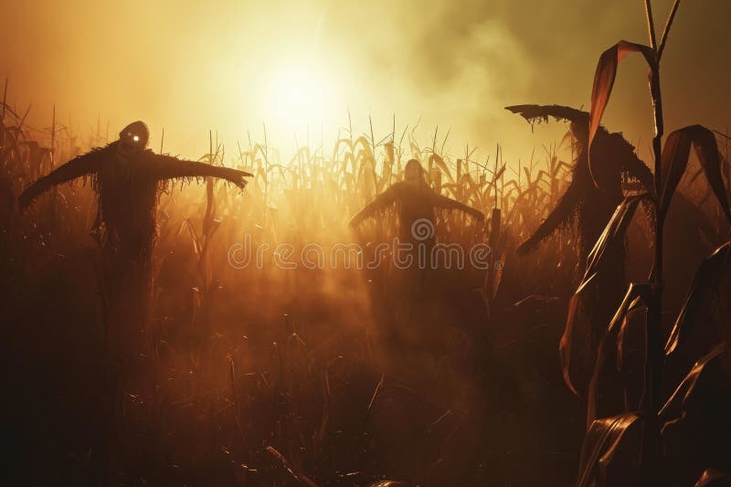 A Haunted Cornfield with Scarecrows and Eerie Lighting, Creating a ...