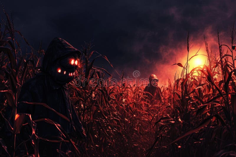 A Haunted Cornfield with Scarecrows and Eerie Lighting, Creating a ...