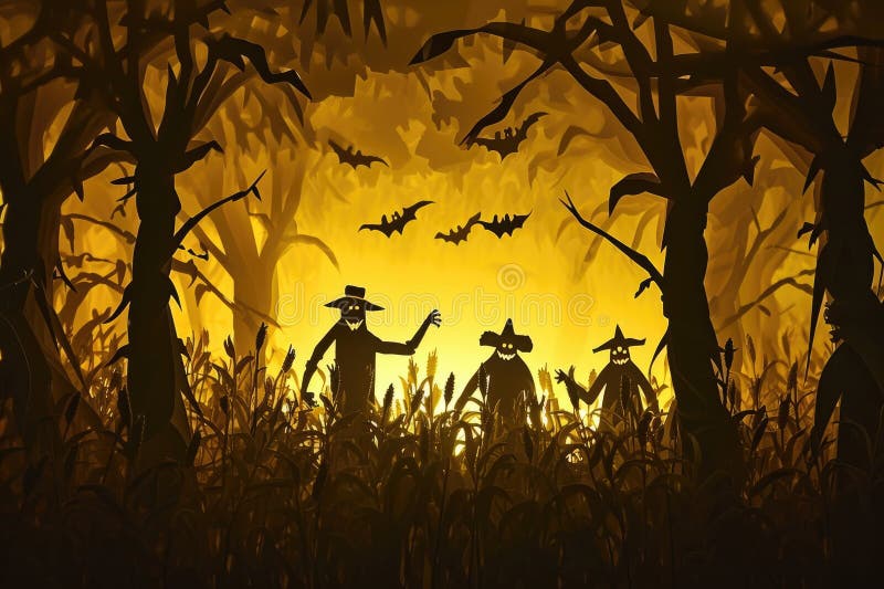 A Haunted Cornfield with Scarecrows and Eerie Lighting, Creating a ...