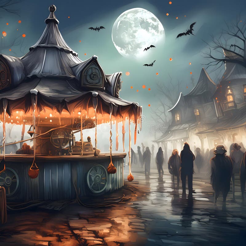 A Haunted Fairground with a Large Ferris Wheel in the Background Stock ...