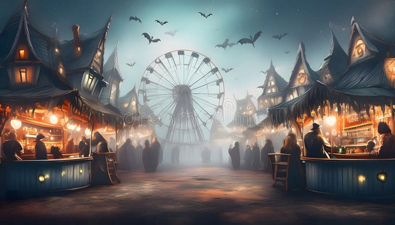 A Haunted Fairground with a Large Ferris Wheel in the Background Stock ...