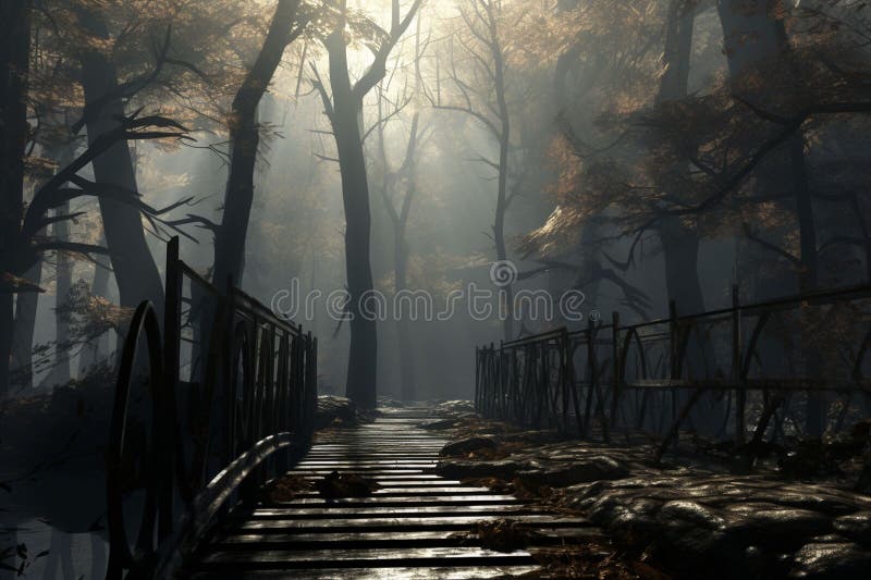 Haunted Forest Bridge Shadows Shadows Cast on a Stock Illustration ...